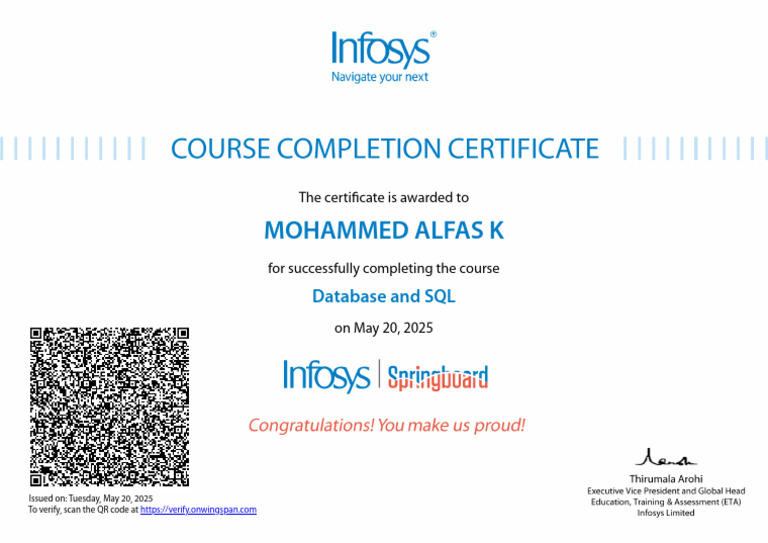 Mohammed Alfas K: Database and SQL | PDF
