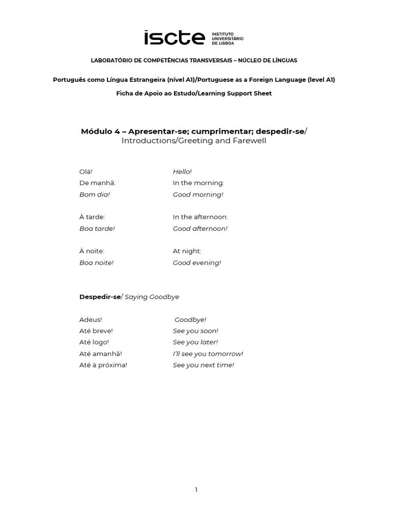 Ficha de Apoio M Dulo 4 Apresentar Se Cumprimentar Despedir Se | PDF