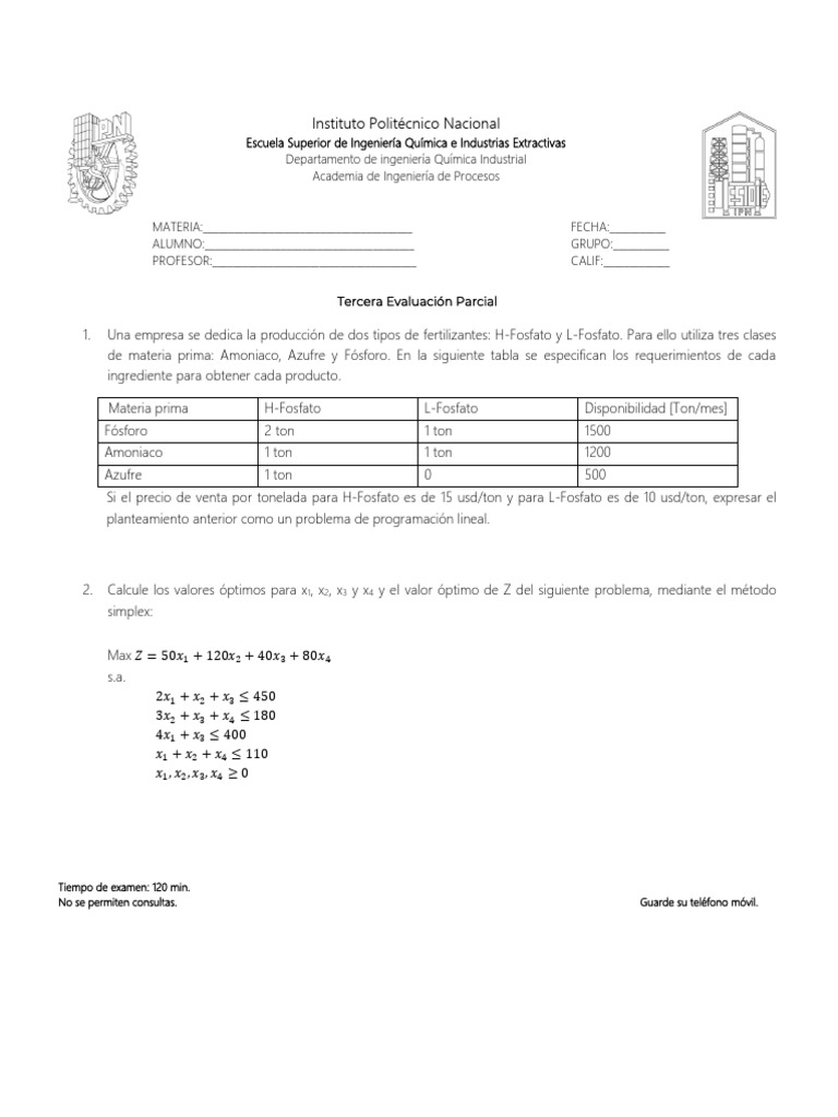 Optimización Tercera Evaluacion Ejercicio Tipo | PDF