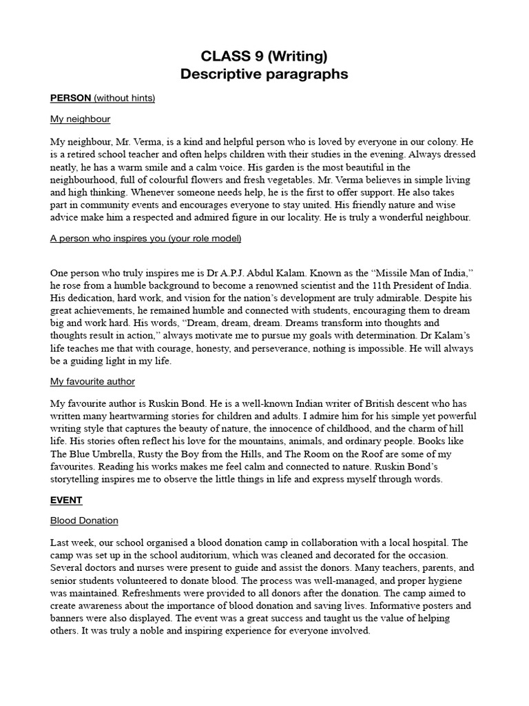 Descriptive Paragraphs Class 9 | PDF