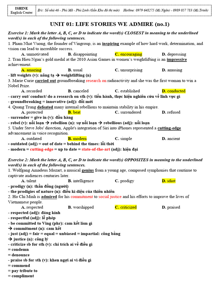 Unit 1 - Life Stories We Admire - Exer 1 - Key | PDF | Vietnam