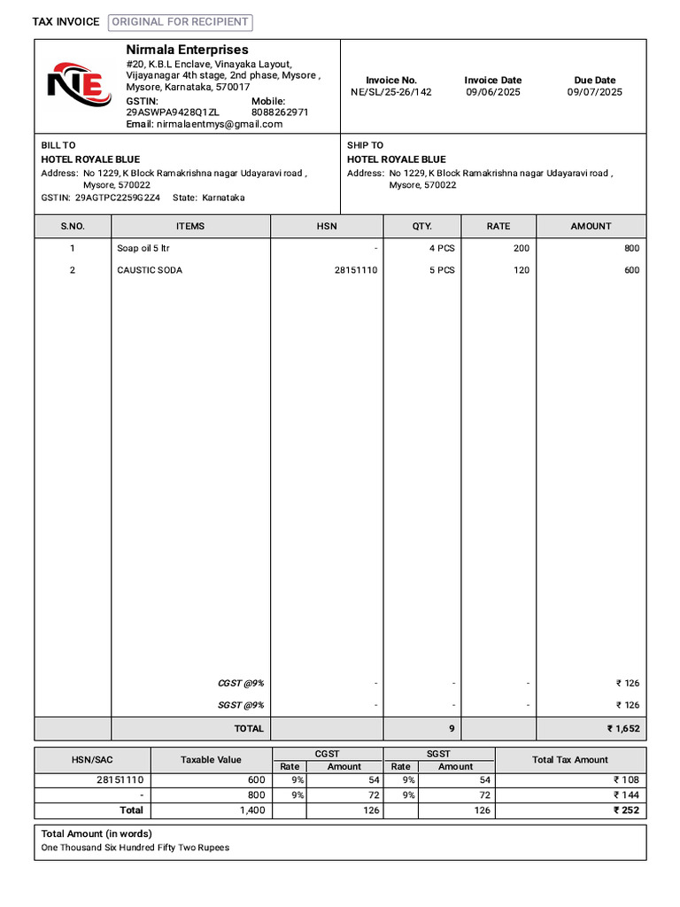 Tax Invoice for Hotel Royale Blue | PDF | Economy Of India | Government ...
