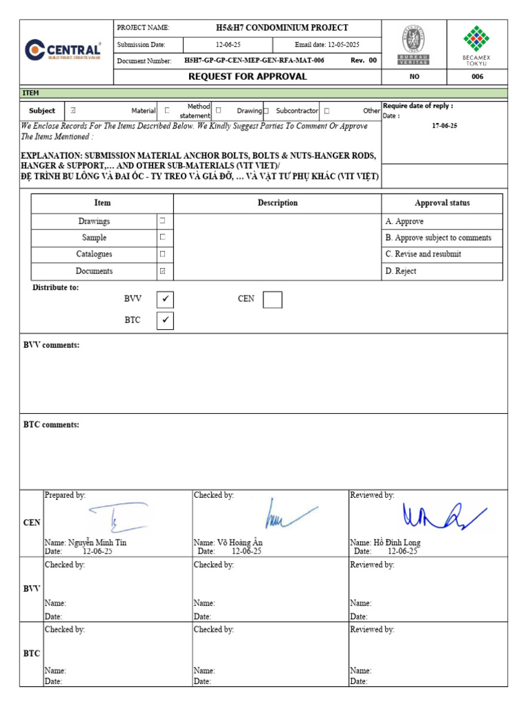 h5h7 GP GP Cen Mep Gen Rfa Mat 006 Rev00 Submission Material Bolts & Nuts, Hanger & Support (Vit ...