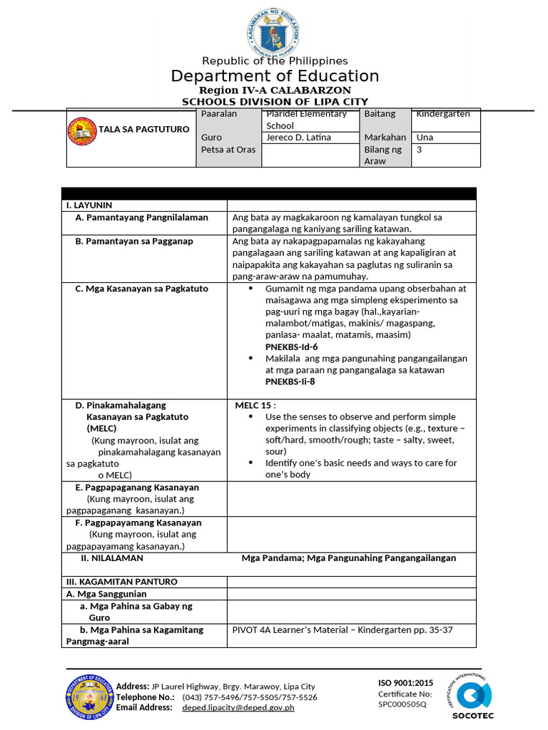 Week 8 Lesson Exemplar Kindergarten Melc 15 | PDF