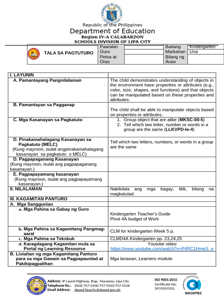 Week 5 Lesson Exemplar Kindergarten Melc 9 | PDF