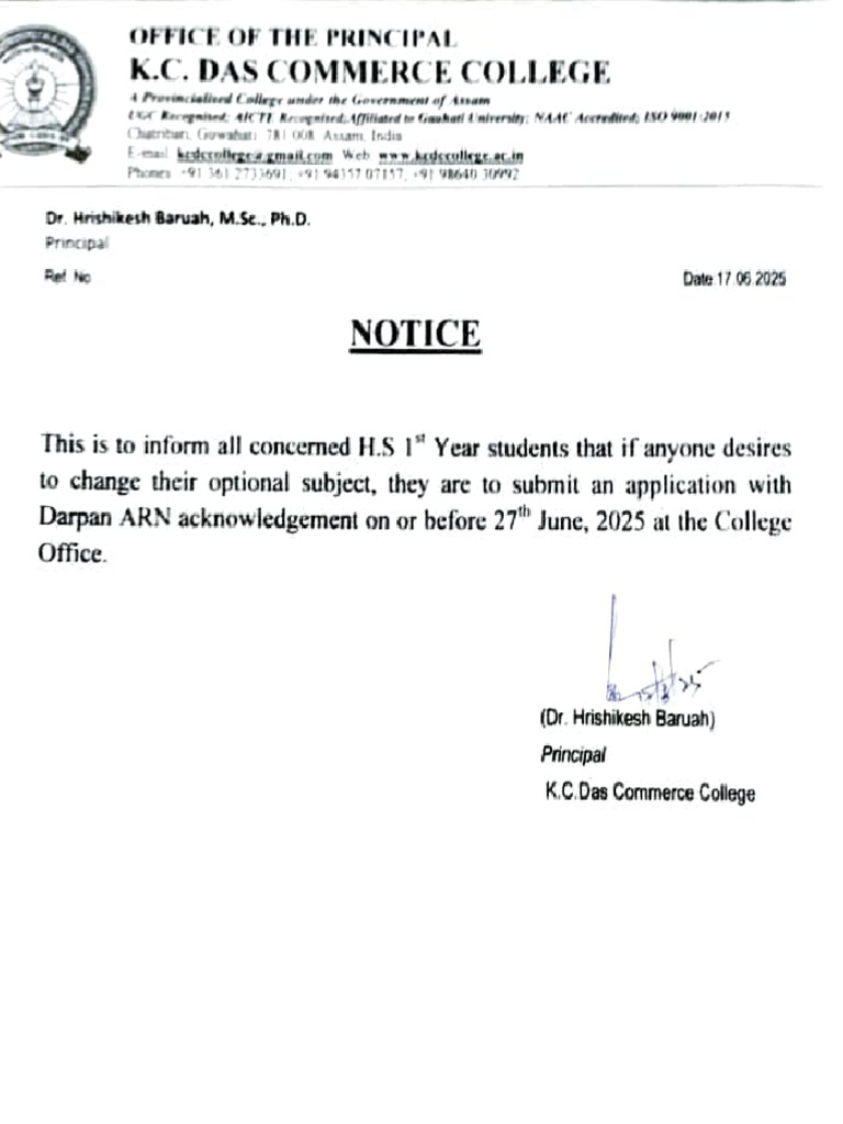 Subject Change Notice for H.S. Students | PDF