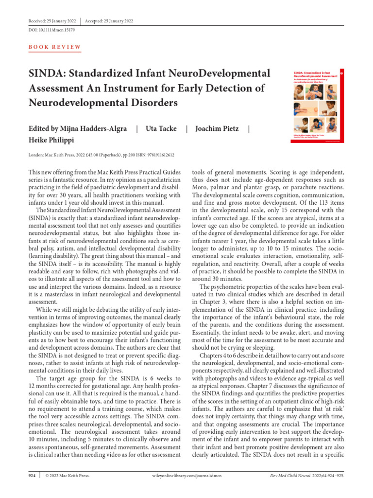 SINDA Standardized Infant NeuroDevelopmental Asses | PDF | Behavioural Sciences | Psychology