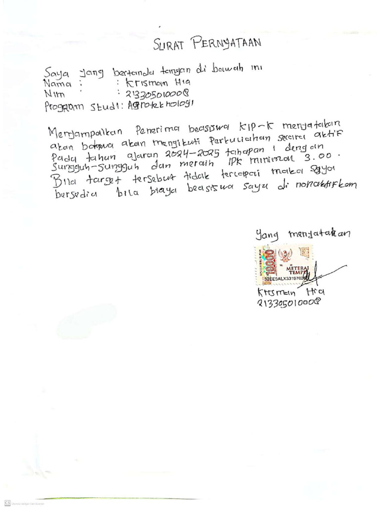 Surat Pernyataan Krisman Hia | PDF