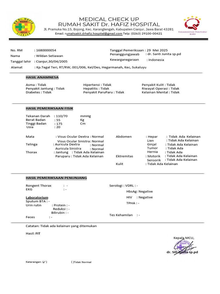Hasil Medical Check Up Wildan 2025 | PDF