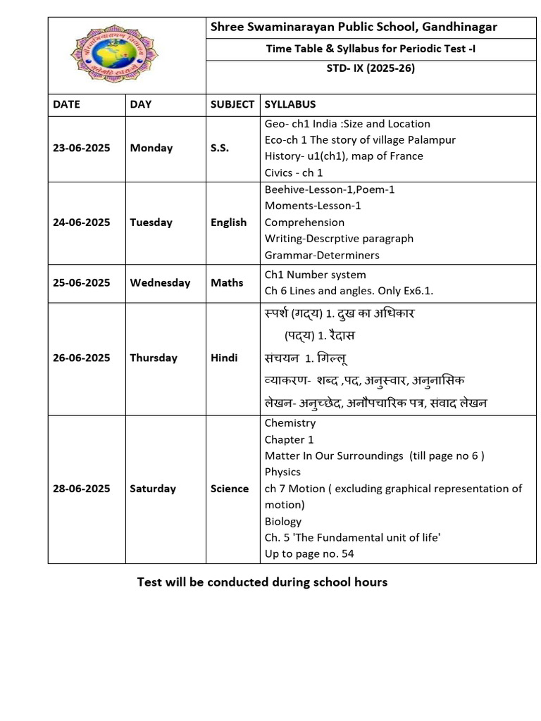 Periodic Test-I Timetable for STD IX | PDF