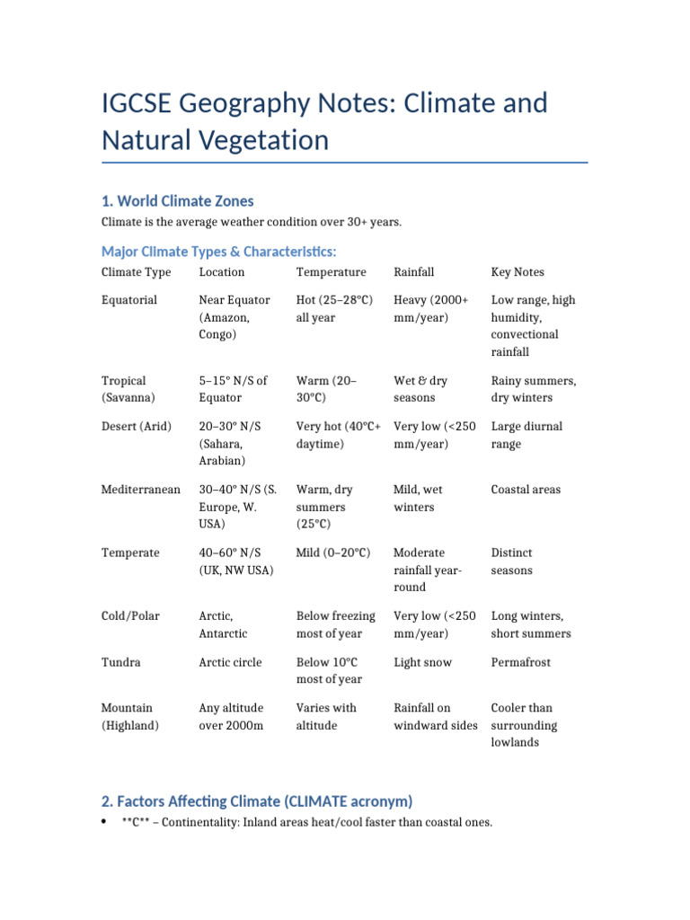 IGCSE Climate and Natural Vegetation Notes | PDF | Wet Season | Earth ...