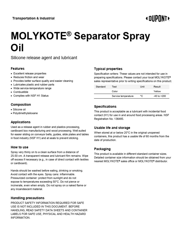 TDS MOLYKOTE Separator Spray Eng | PDF | Lubricant | Silicone