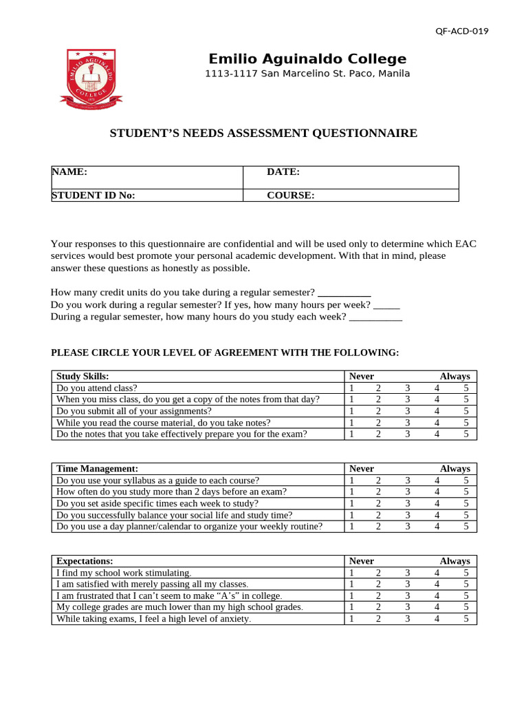 QF ACD 019 Students Needs Assessment Questionnaire 2 | PDF