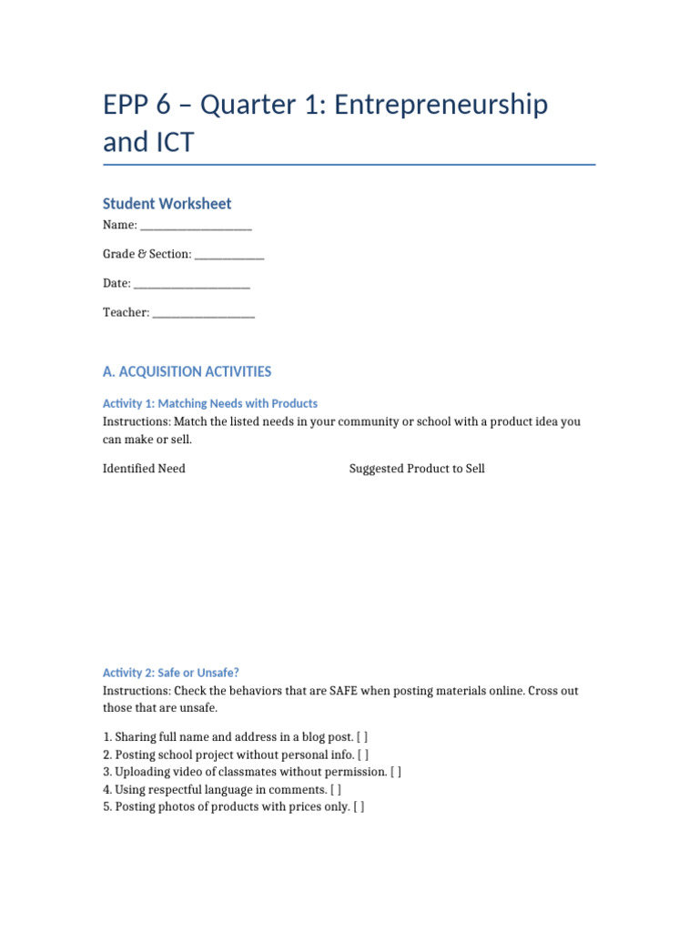 EPP6 Q1 Student Worksheet Entrepreneurship ICT | PDF | Educational ...