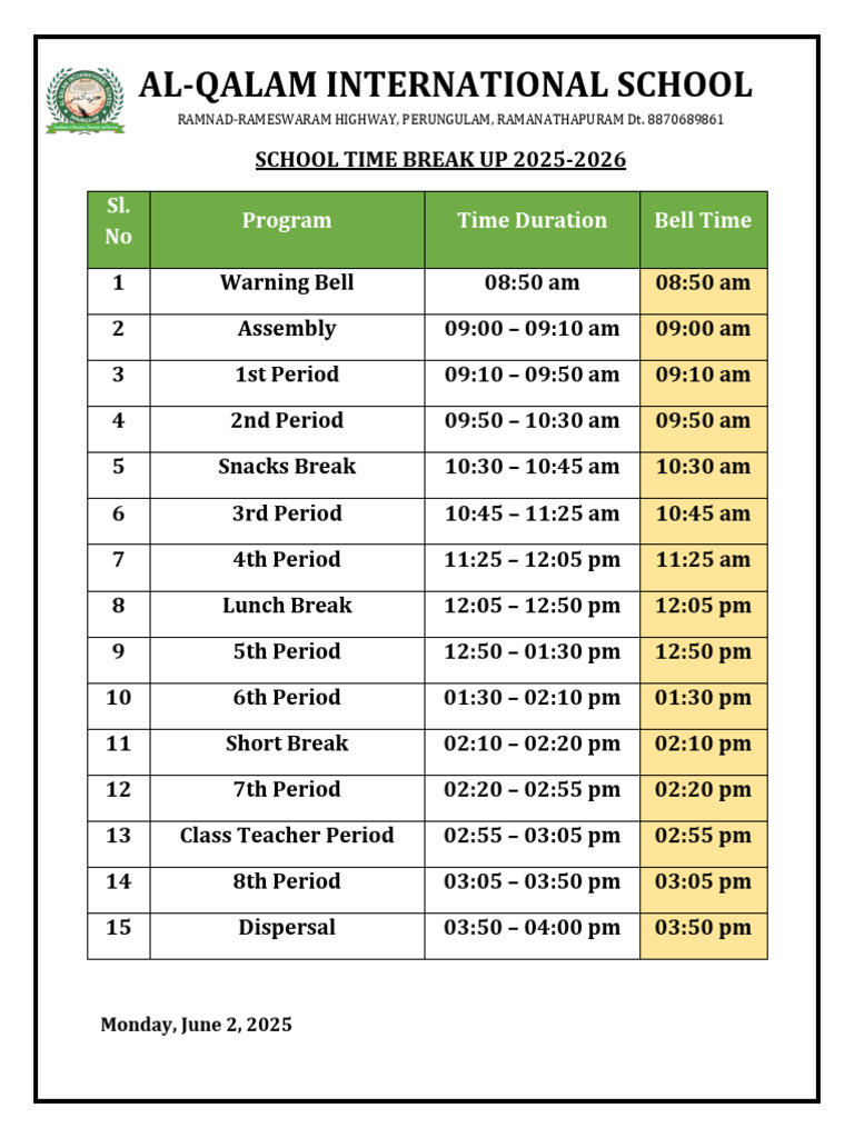 Aqis Time Break Up 2025-2026 | PDF
