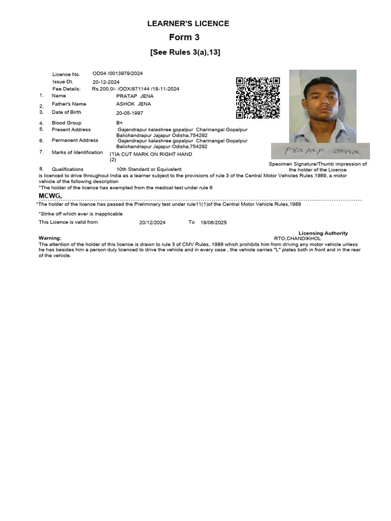 Form 3: Learner'S Licence | PDF