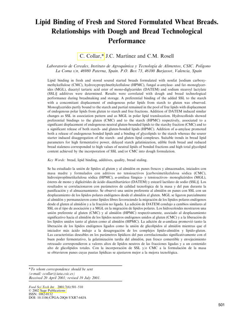 Collar Et Al 2001 Lipid Binding of Fresh and Stored Formulated Wheat ...
