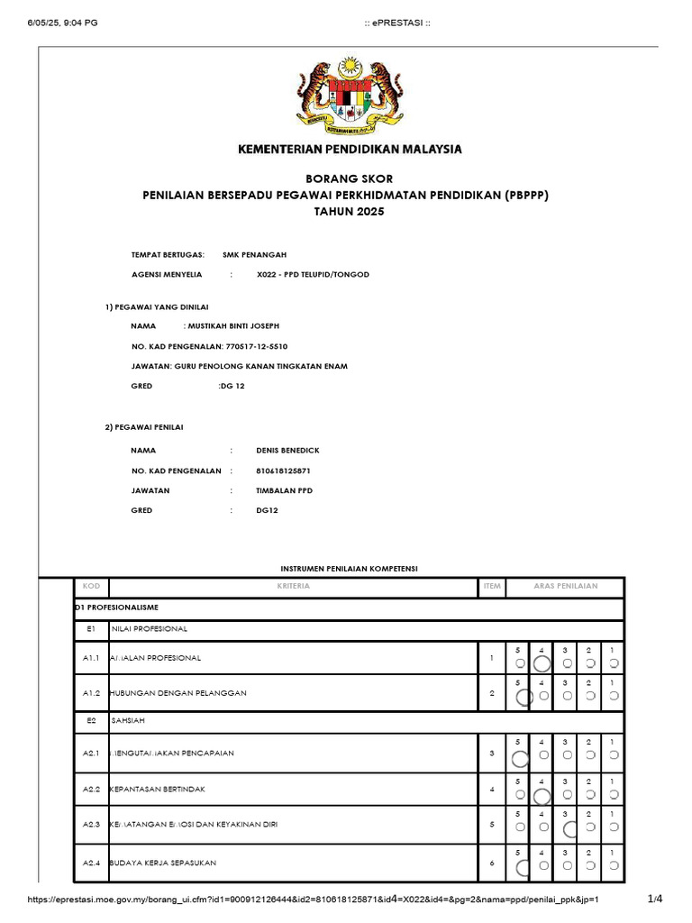 Eprestasi - Borang PBPPP Penilaian Pertama | PDF