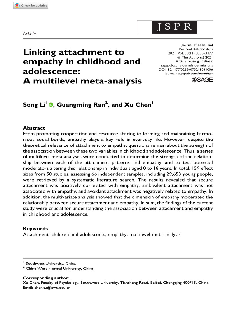 Li Et Al 2021 Linking Attachment To Empathy in Childhood and Adolescence A Multilevel Meta ...
