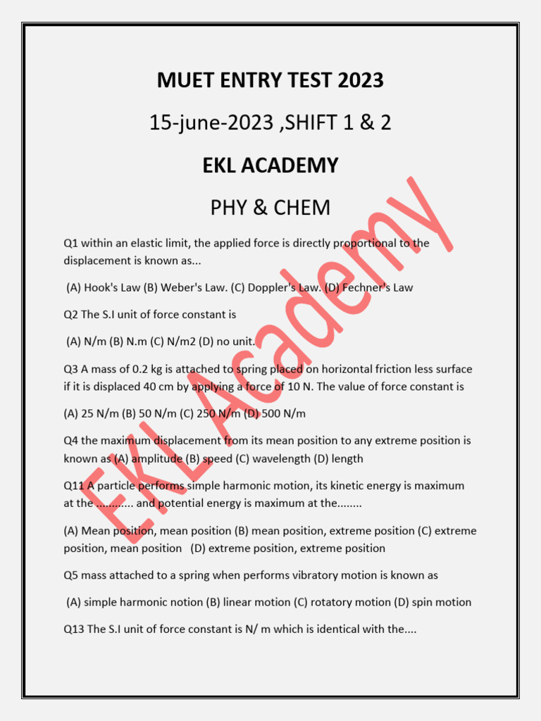 MUET Entry Test 2023: Physics & Math Questions | PDF | Force | Applied ...