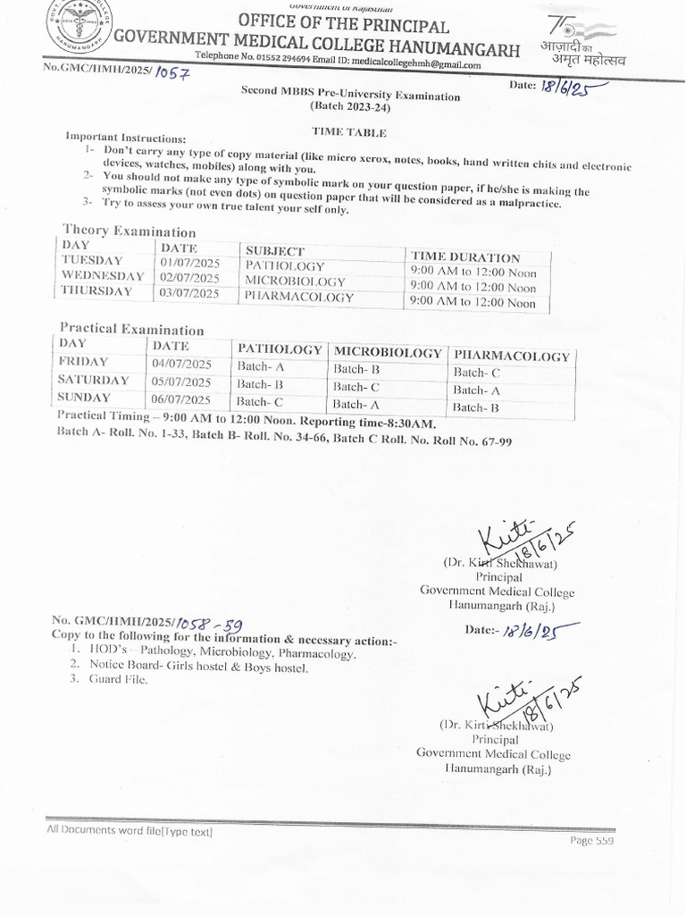 1057-59 Pre University Exam Schedule Batch 2023-24 GMC Hanumangarh | PDF