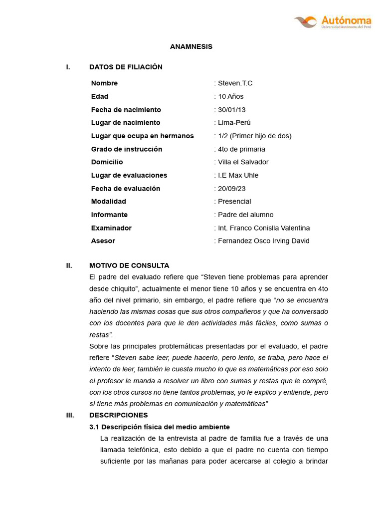 Anamnesis Steven | PDF | Aprendizaje | Educación de la primera infancia