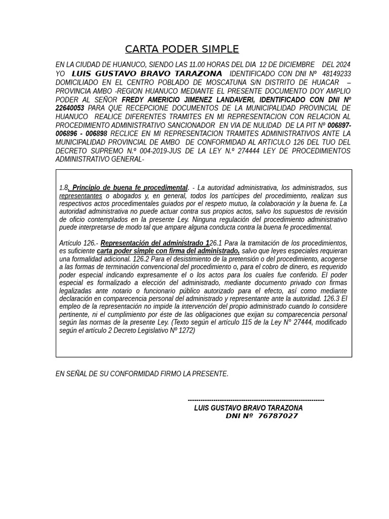 Carta Poder Simple para Trámites Administrativos | PDF | Gobierno ...