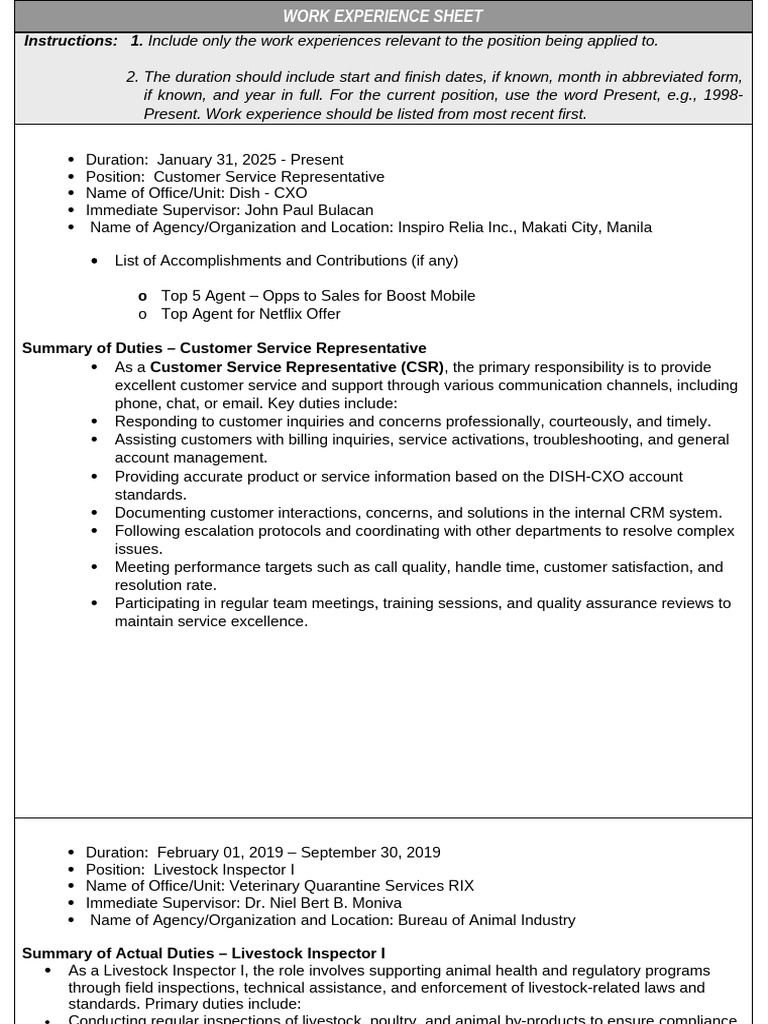 CS Form No. 212 Attachment - Work Experience Sheet | PDF | Business