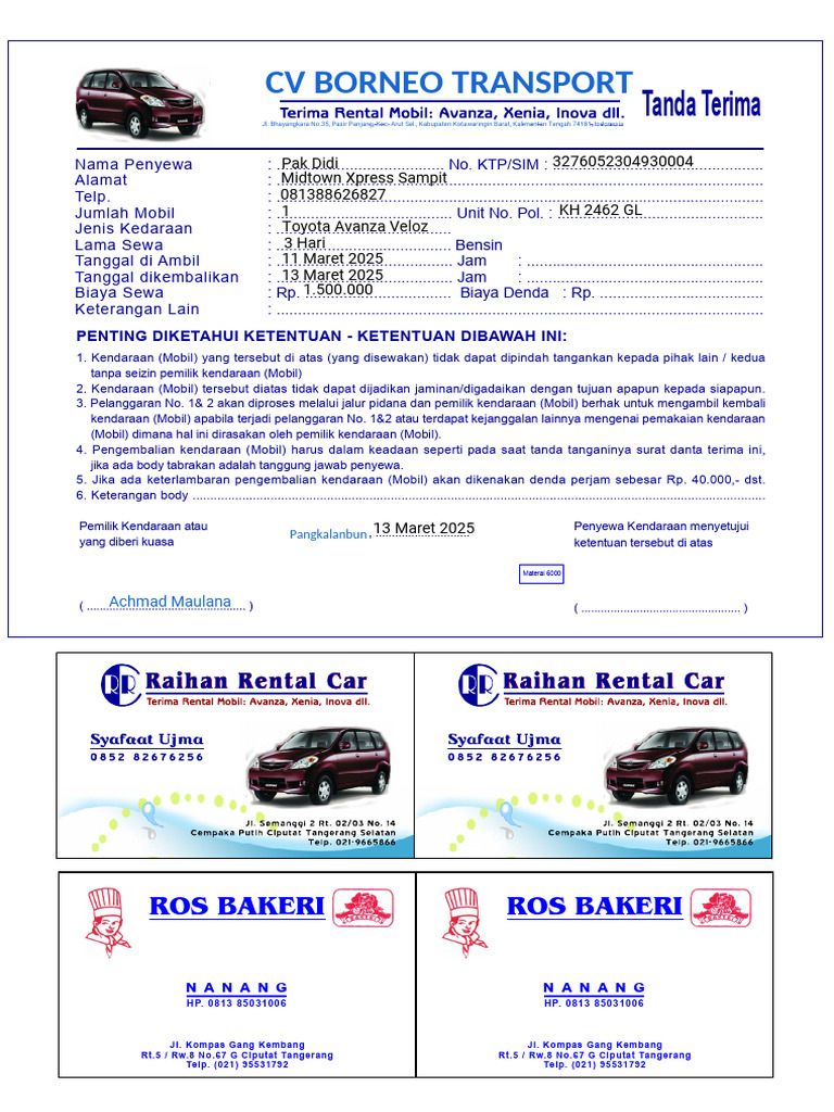 Kwitansi Rental Raihan | PDF
