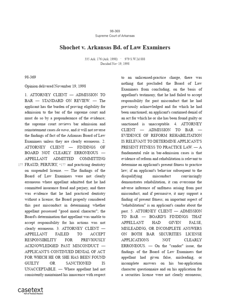 Randall Shochet v. Arkansas Bd. of Law Examiners | PDF | Burden Of ...