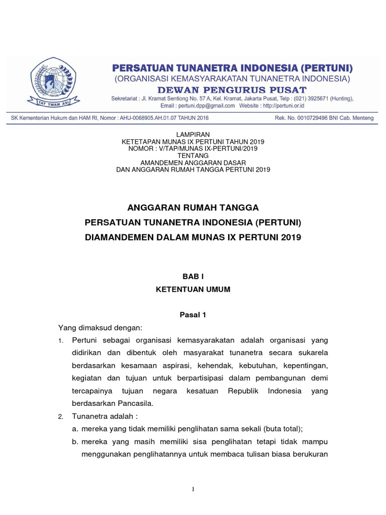 Amandemen Anggaran Dasar PERTUNI 2019 | PDF