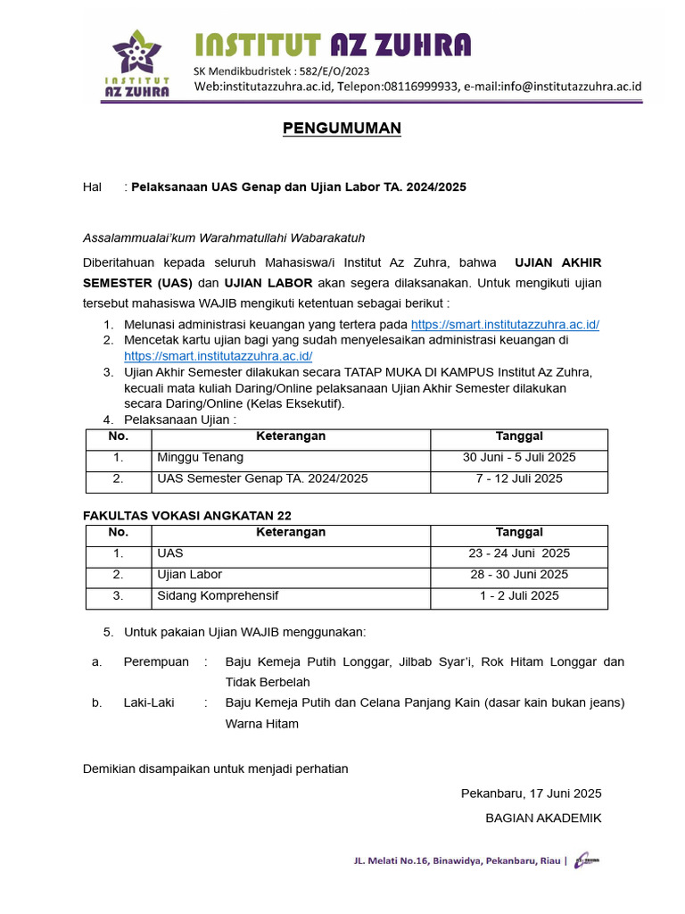 Pengumuman Pelaksanaan Uas Genap Ta 2024-2025 | PDF