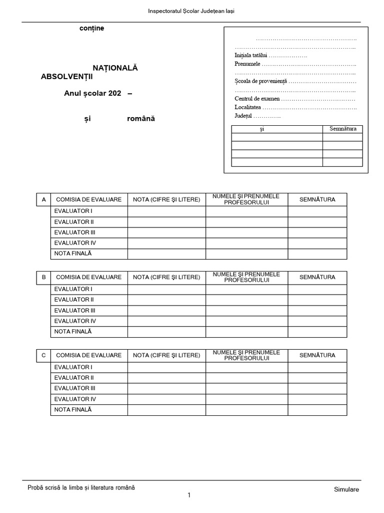 Simulare Judeteana Romana en 2025 Iasi | PDF