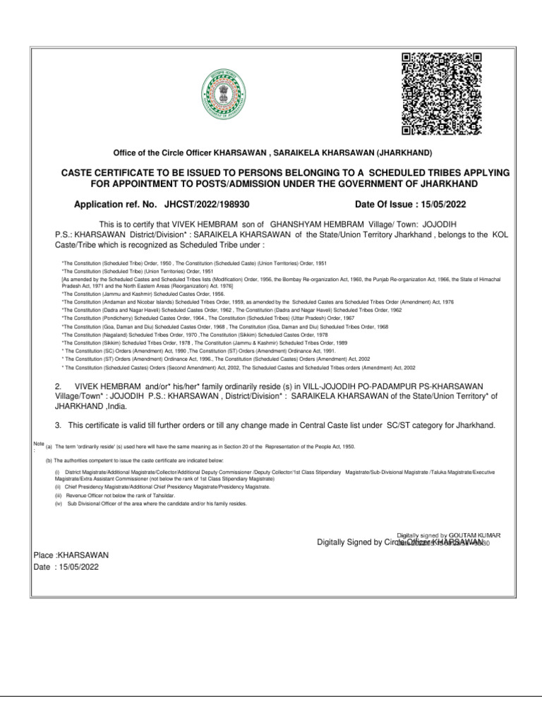 Caste Certificate for Vivek Hembram | PDF | South Asia | Government Of ...