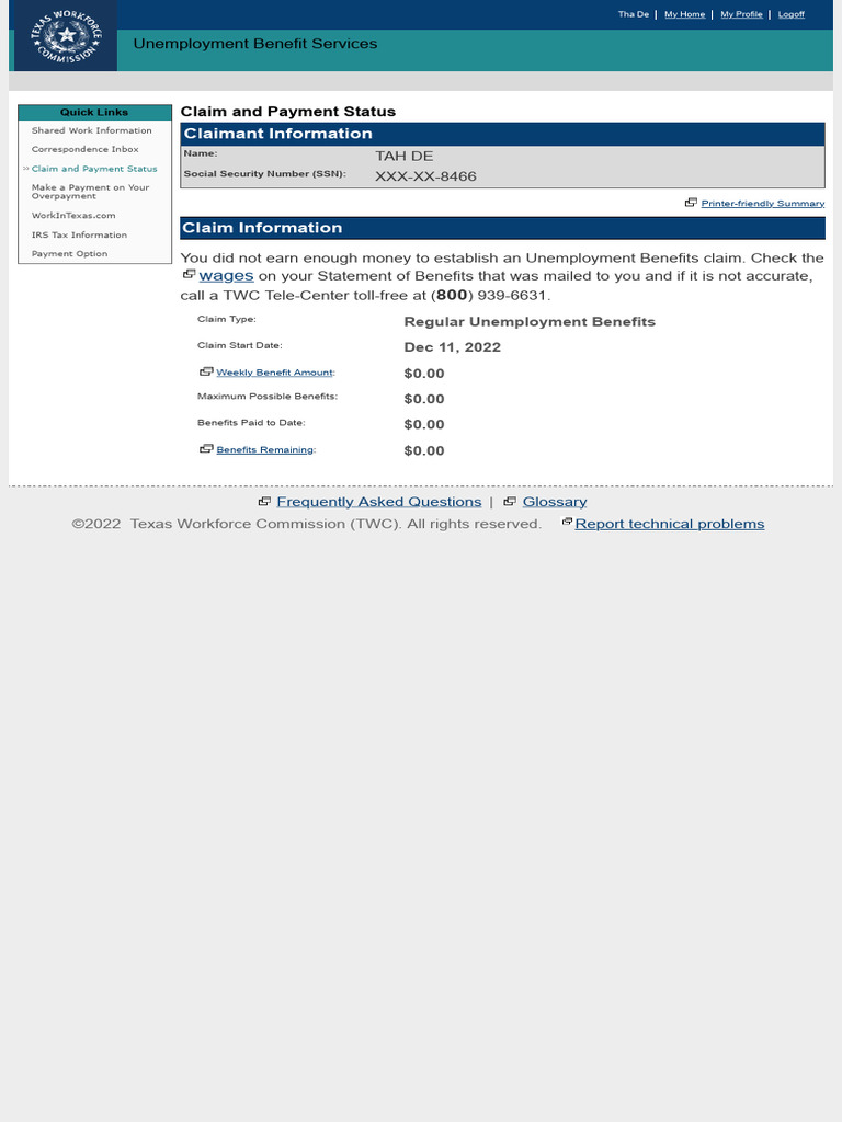 Texas Workforce Commission's Unemployment Benefit | PDF