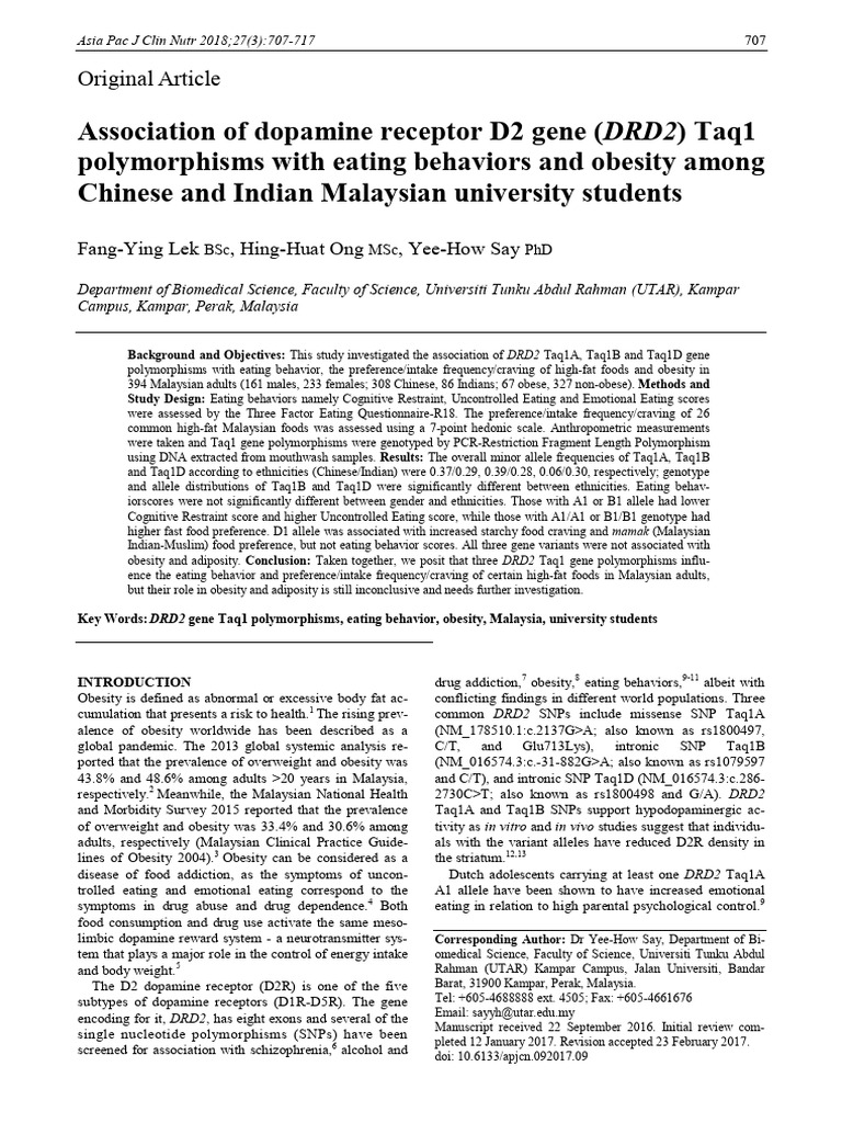 Association of Dopamine Receptor D2 Gene (DRD2) Taq1 Polymorphisms With ...