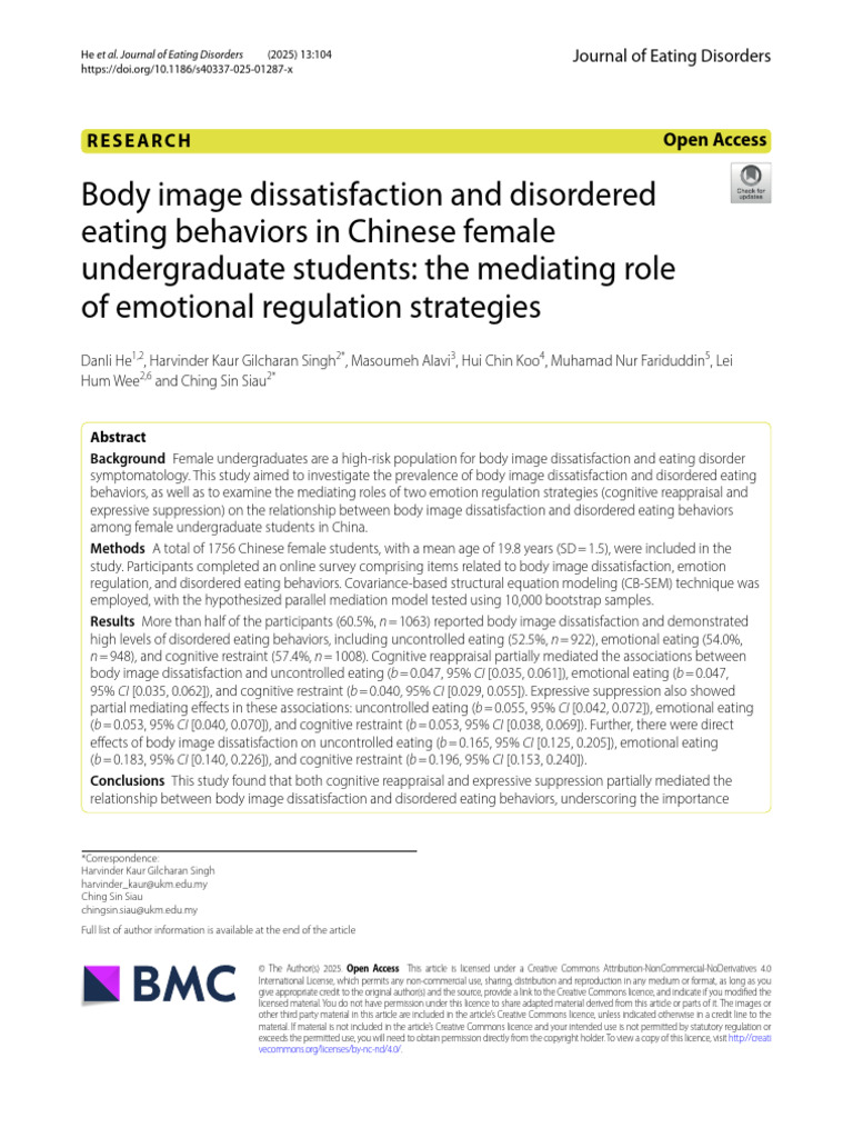 Body Image Dissatisfaction and Disordered Eating Behaviors in Chinese ...