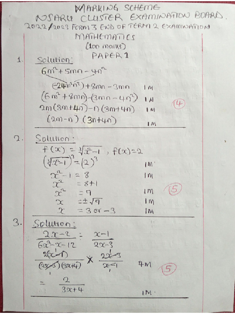 Maths F3 PI Marking Key | PDF
