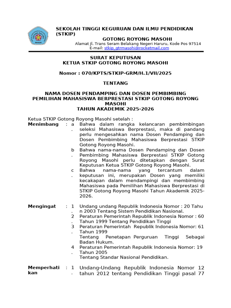 Dosen Pembimbing Mahasiswa Berprestasi STKIP | PDF