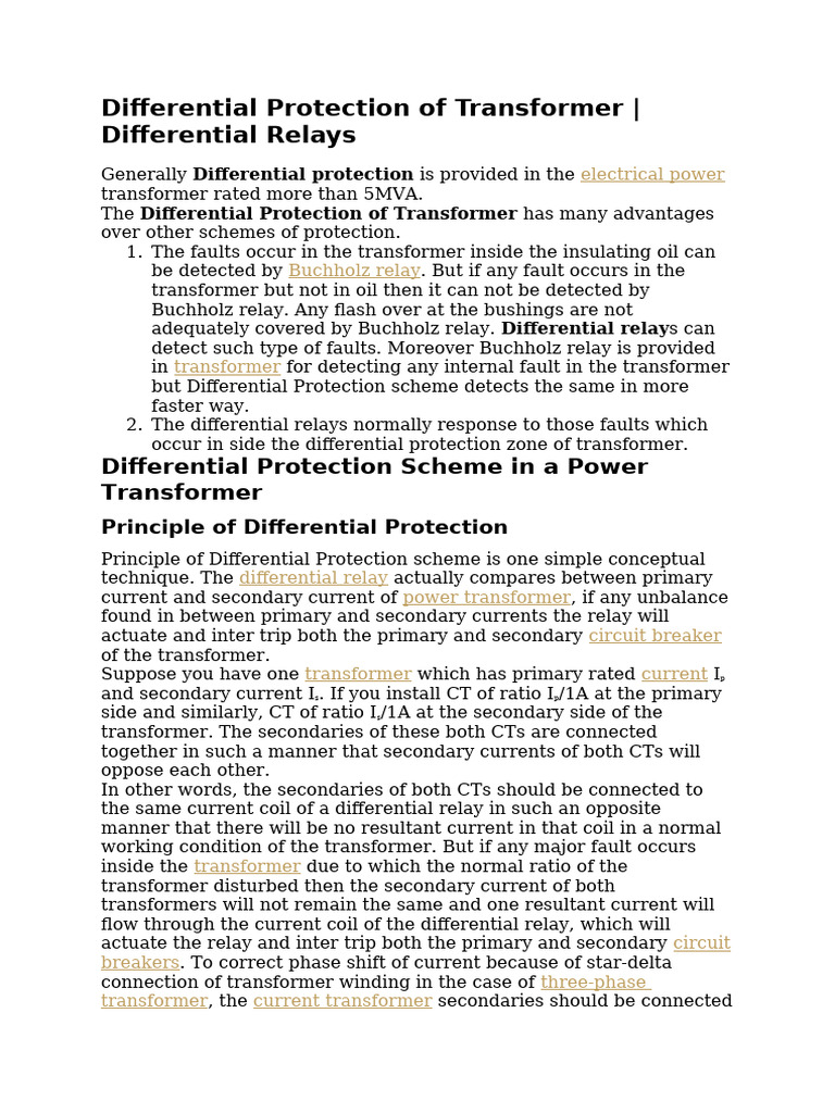 Transformer Differential Protection Overview | PDF | Transformer | Relay