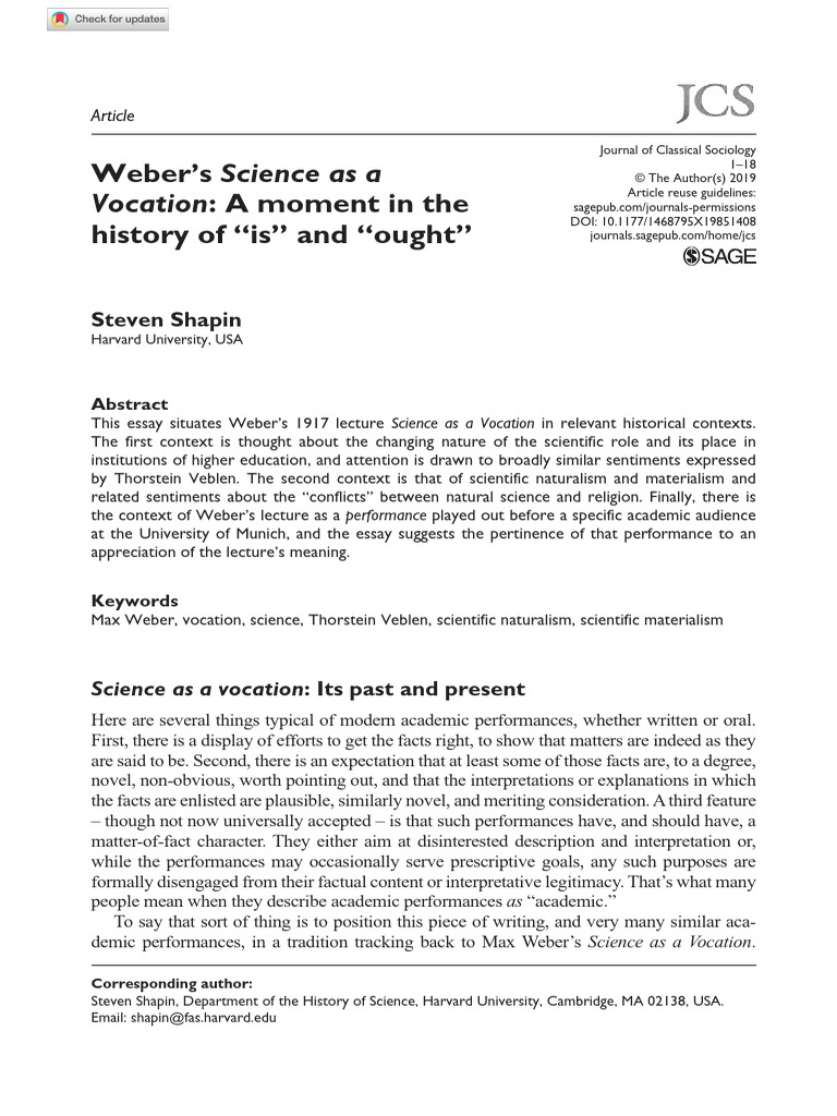 Shapin - 2019 - Weber's Science As A Vocation A Moment in The History ...
