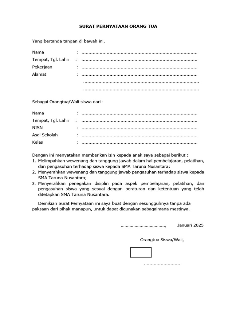 Surat Pernyataan Ortu | PDF