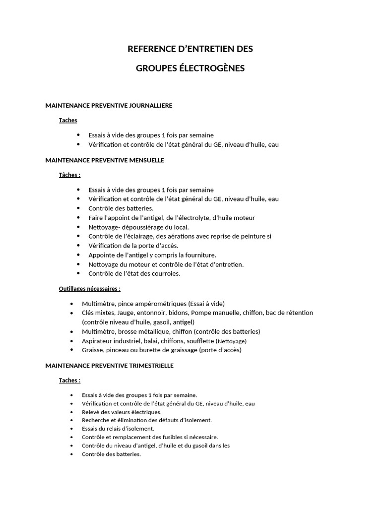 Maintenance Preventive Groupes Électrogènes | PDF | Aspirateur | Interrupteur