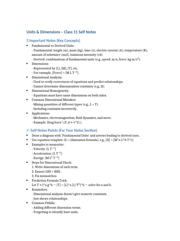 Class 11 Units & Dimensions Notes | PDF