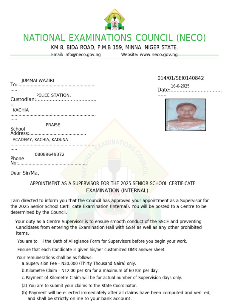 NECO Supervisors App (1) - 1 - 071121 | PDF