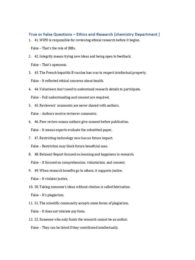 Ethics in Research: True or False Quiz | PDF | Plagiarism