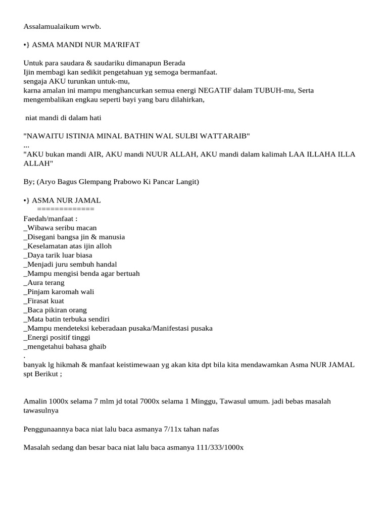 Amalan Asma Nur Jamal untuk Energi Positif | PDF