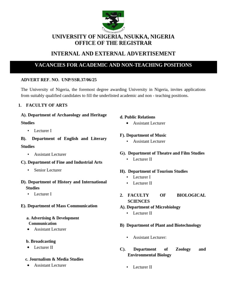 UNN Academic and Non-Teaching Vacancies | PDF | Academic Degree | Pharmacy