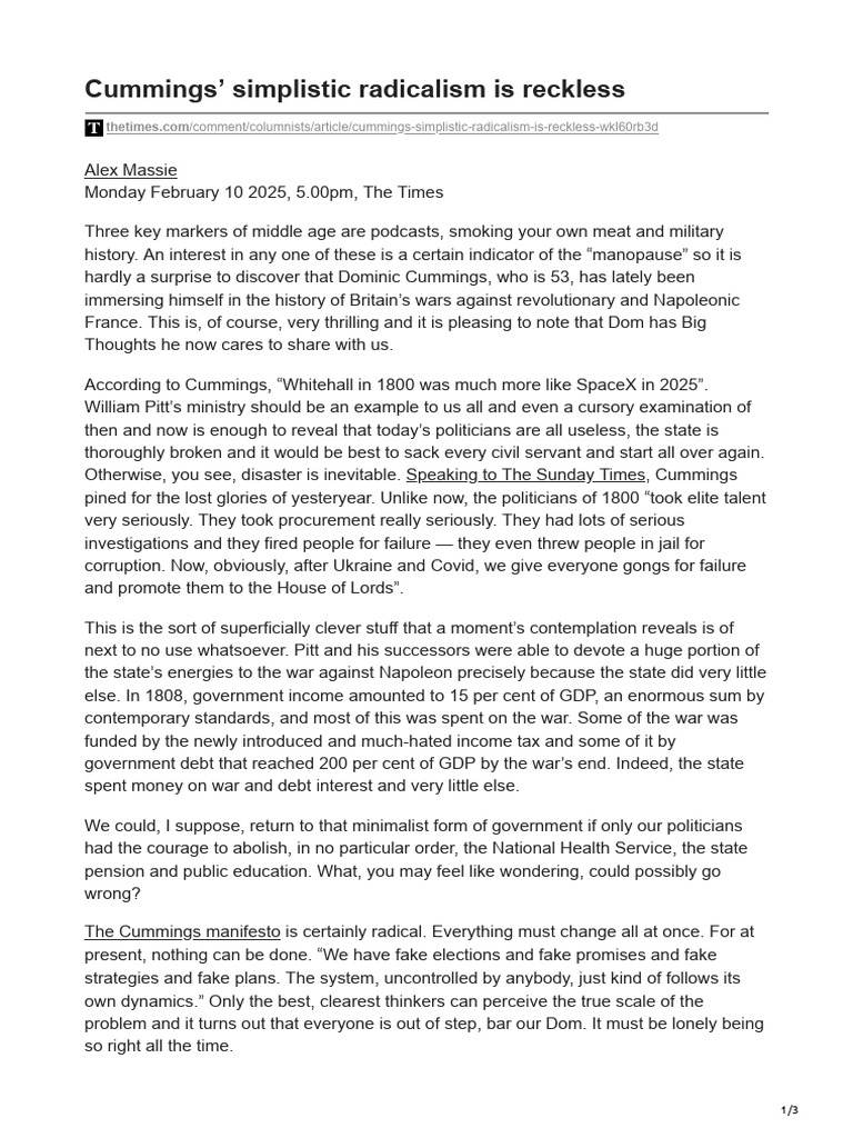 Cummings Simplistic Radicalism Is Reckless | PDF