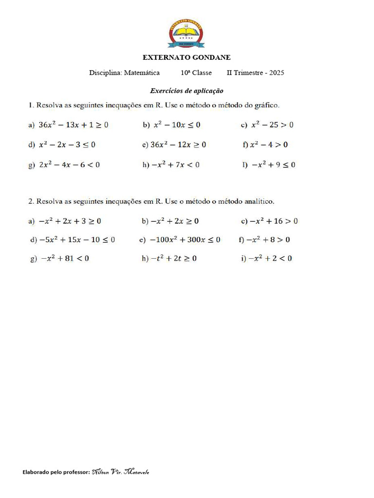 Exercícios de Matemática - Externato Gondane | PDF